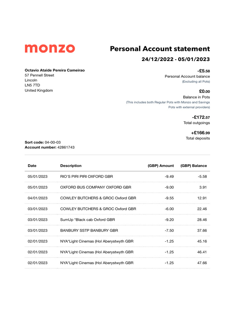 Monzo_bank_statement_2022_12_24-2023_01_05_4388 | PDF | Deposit Account ...