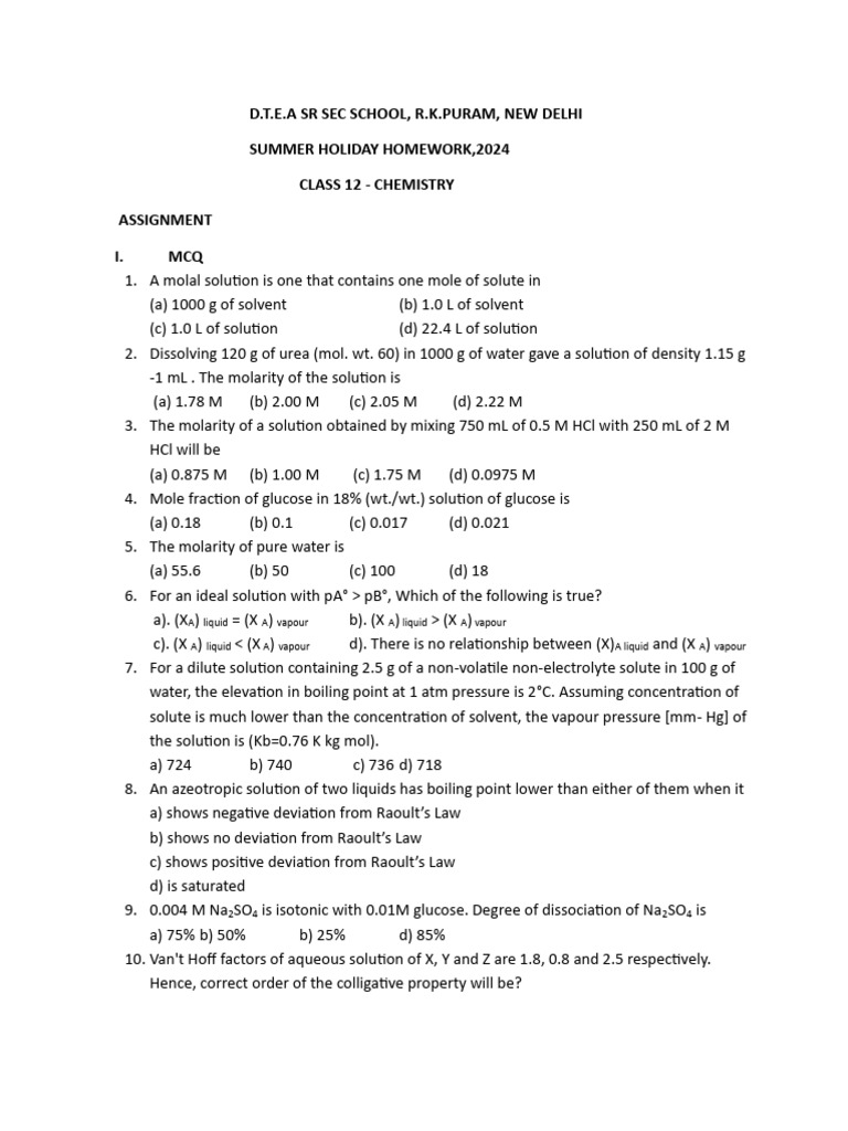 XII Chem Summer HHW 2024 | PDF | Chemical Substances | Homogeneous Chemical Mixtures
