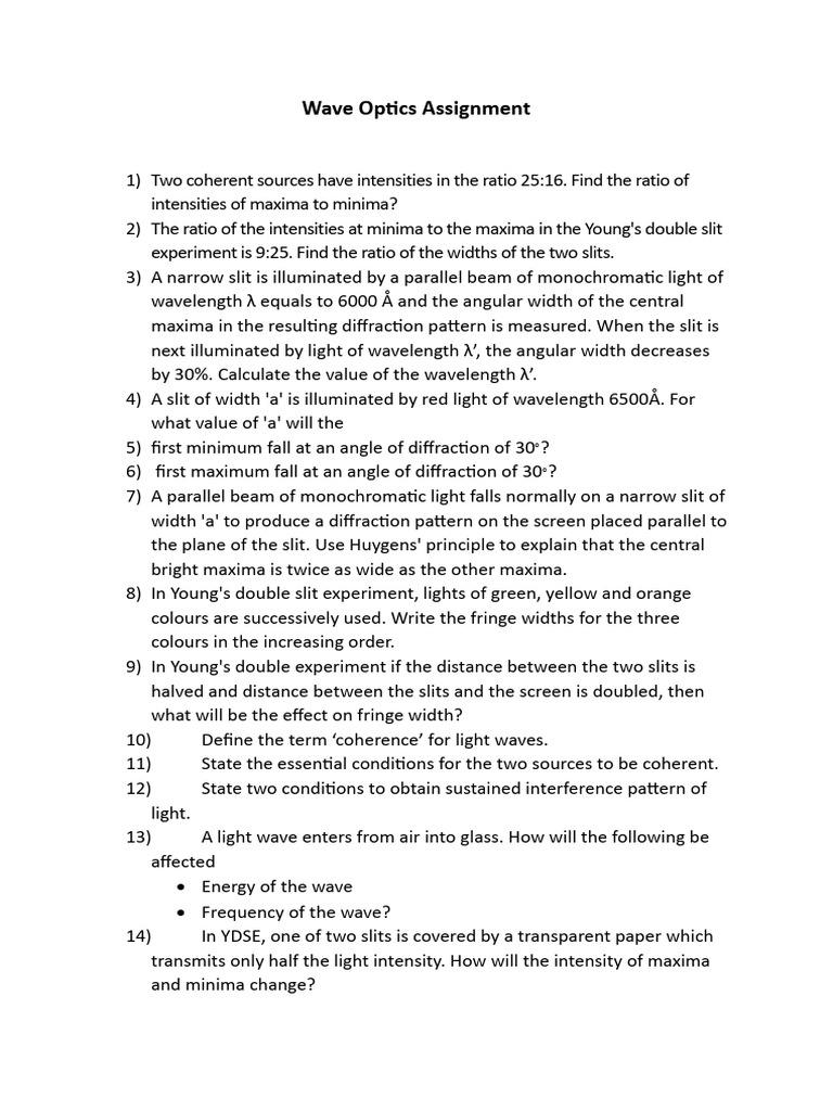 Wave Optics Assignment | PDF | Diffraction | Wavelength
