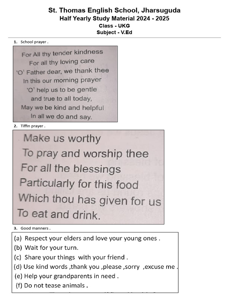 Class - UKG, V.Ed, Half Yearlyt Study Material - 2024 - 25 | PDF