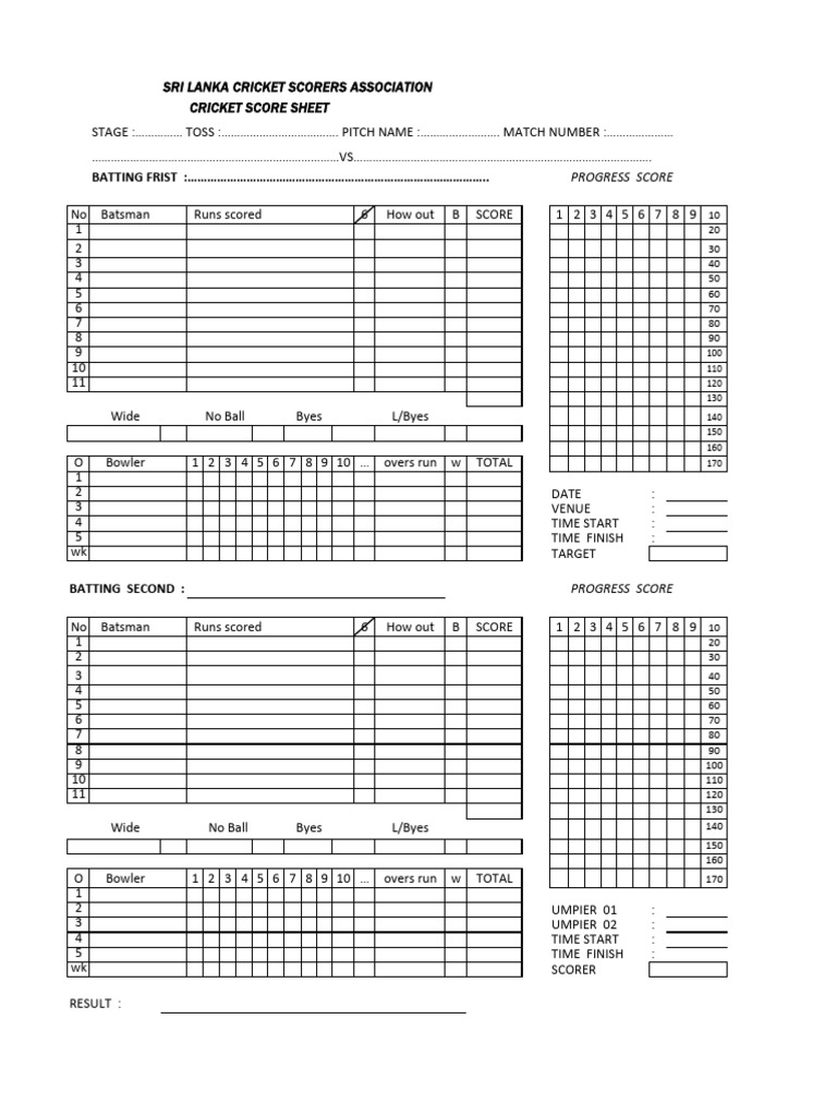 6-a-Side Cricket Score Sheet Template | PDF | Sports | Ball Games