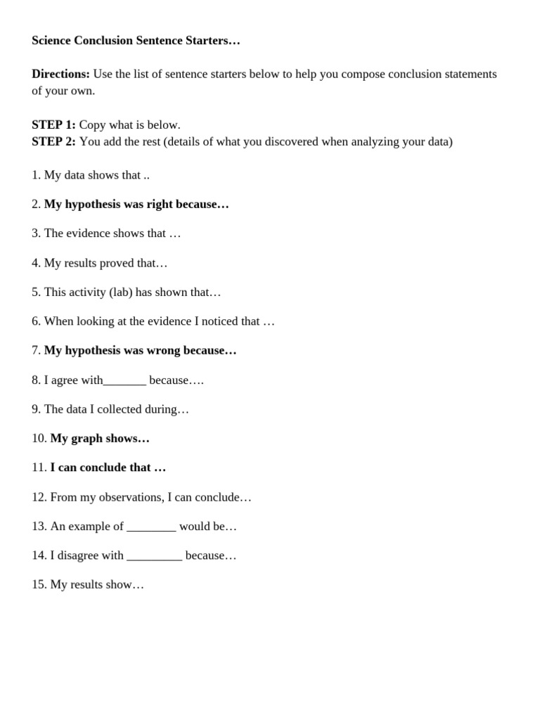 Science Conclusion Sentence Starters | PDF