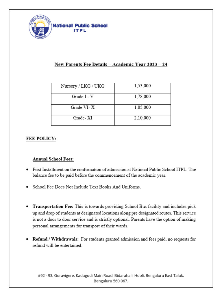 NPS ITPL Fee Structure 2023-24 | PDF