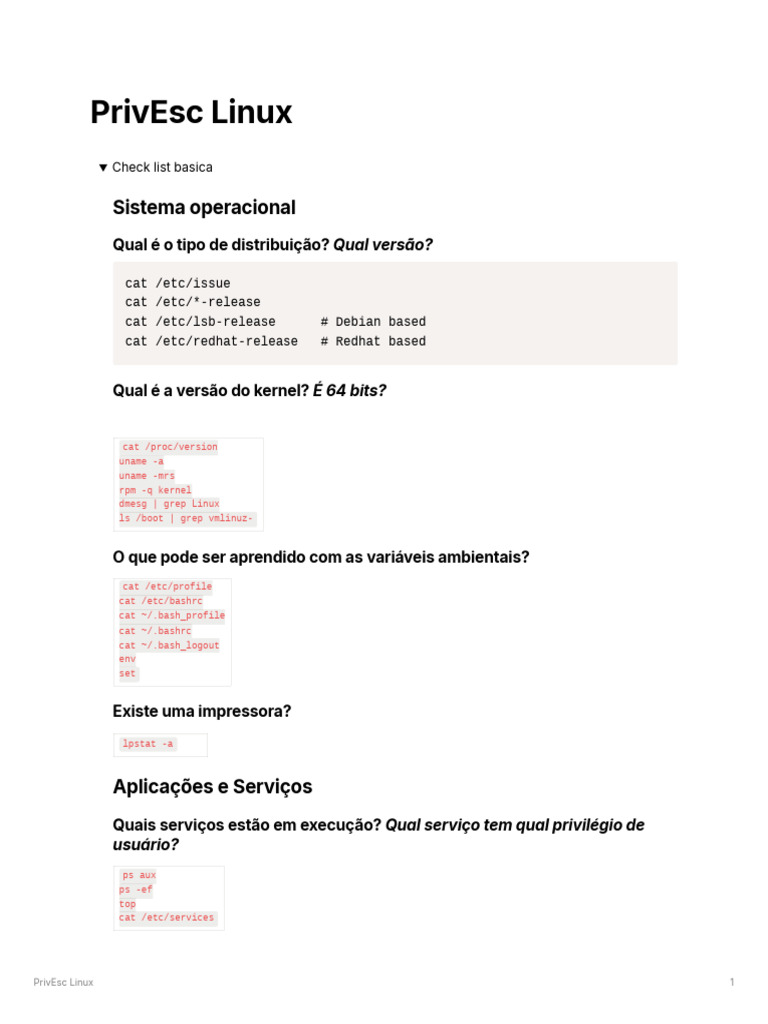 Checklist de Privilege Escalation no Linux | PDF | Unix | Arquitetura de computadores