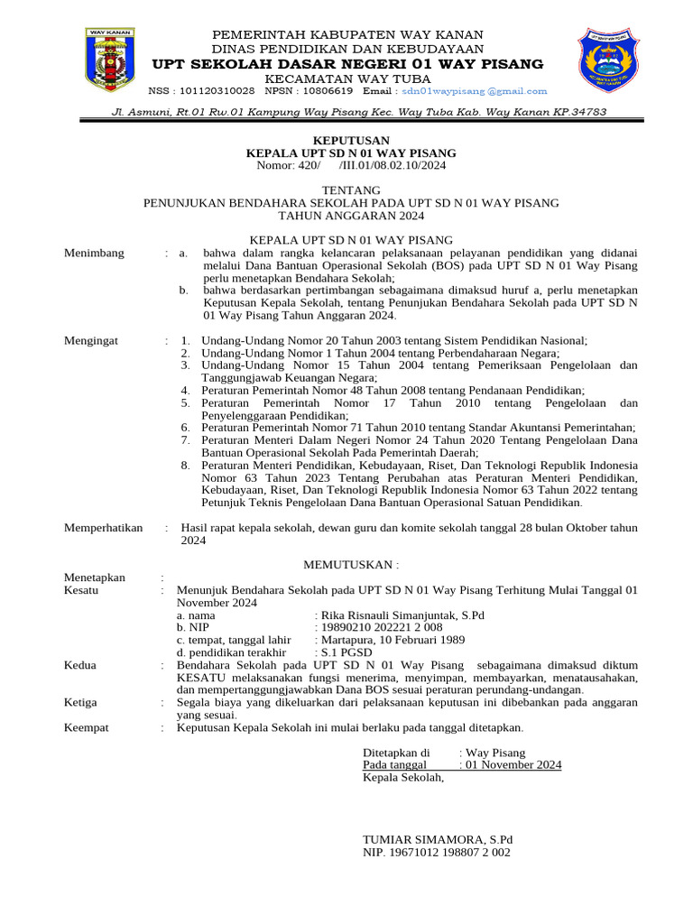 Contoh SK Bendahara Sekolah SD 2024 | PDF