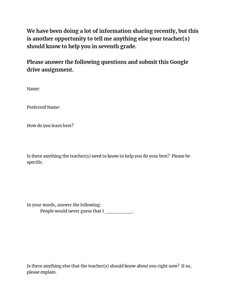 Google Drive Practice - Get To Know You Assignment | PDF