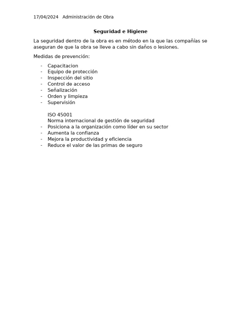 Seguridad e Higiene | PDF