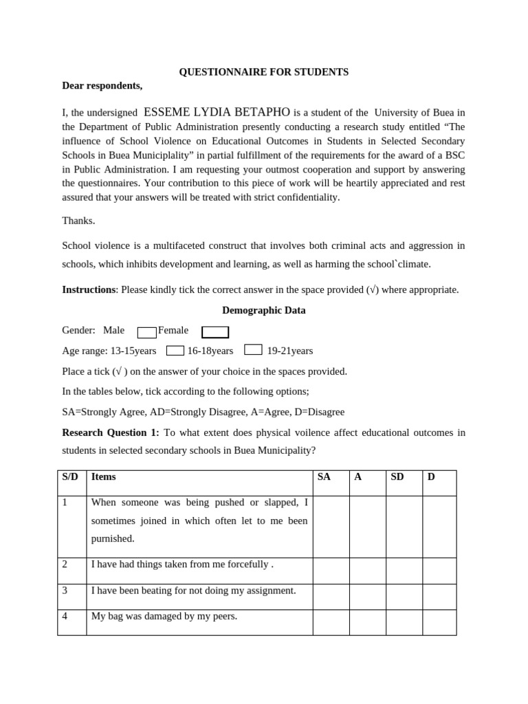 QUESTIONNAIRE FOR STUDENTS | PDF | Violence | Social Psychology