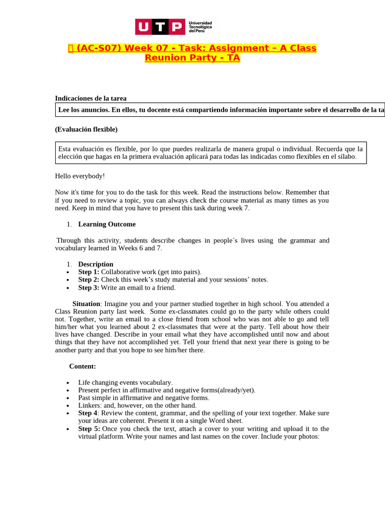 ? (AC-S07) Week 07 - Task Assignment - A Class Reunion Party - TA (INGLES 4) | PDF