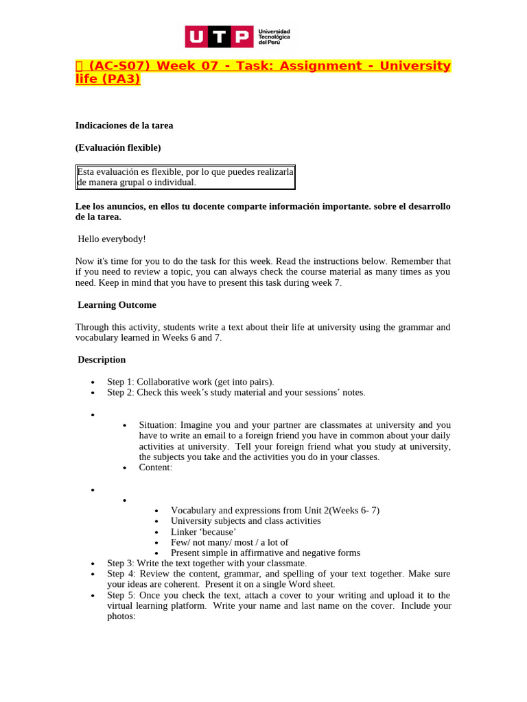 ? (AC-S07) Week 07 - Task Assignment - University Life (PA3) (INGLES 3) | PDF
