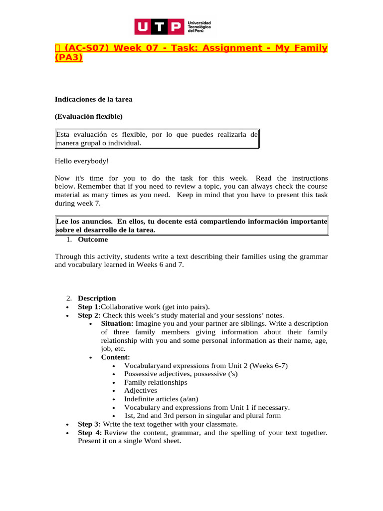 ? (AC-S07) Week 07 - Task Assignment - My Family (PA3) (INGLES 1) | PDF