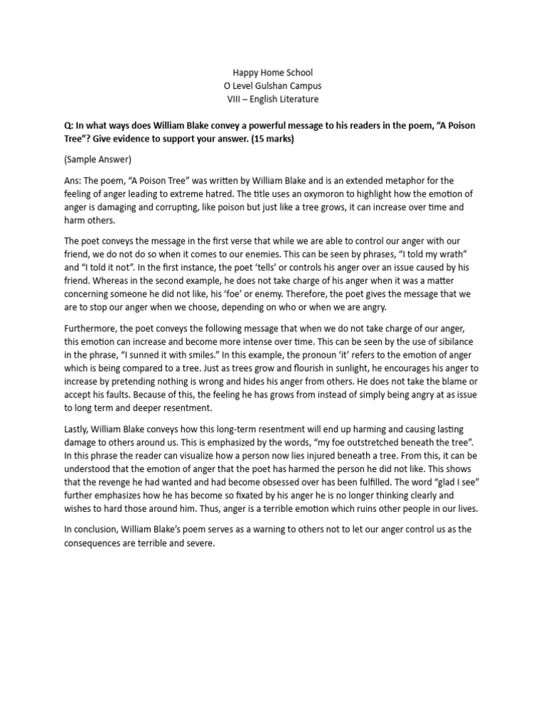 A Poison Tree - Sample PEEL answer | PDF | Anger | Emotions