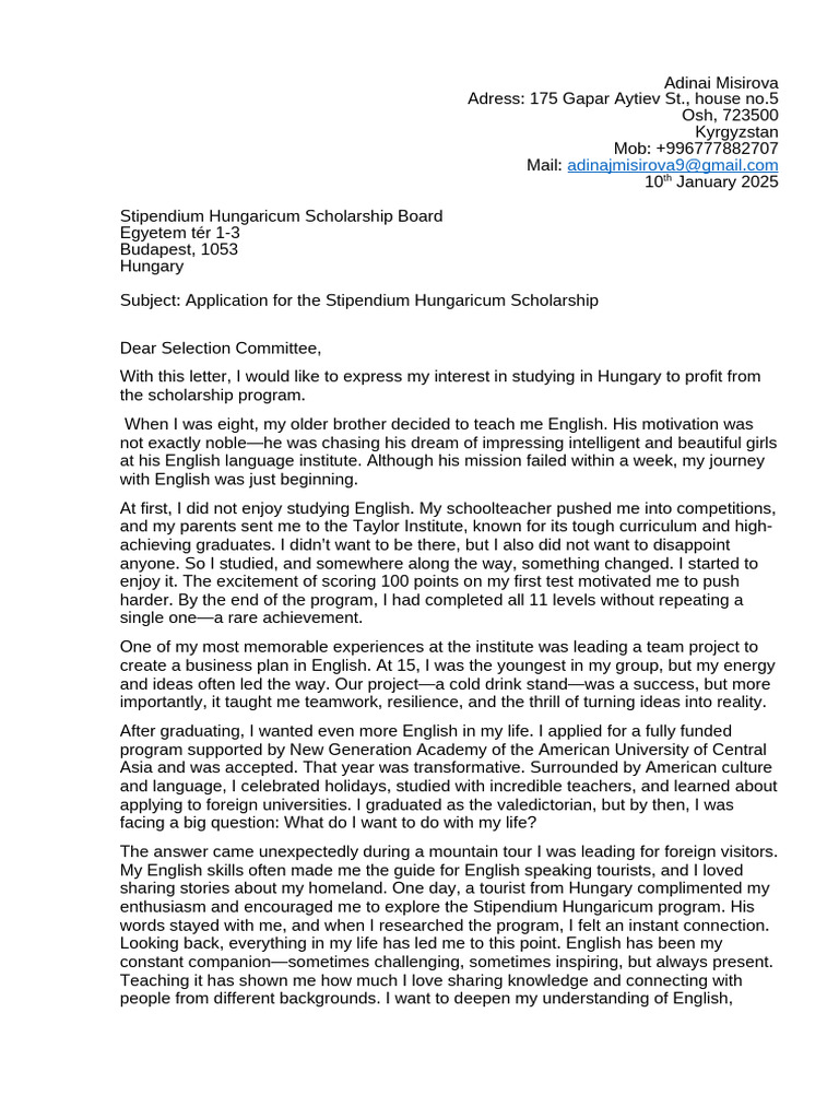 Letter of Motivation Adinai For Stipendium Hungaricum | PDF | Teachers ...