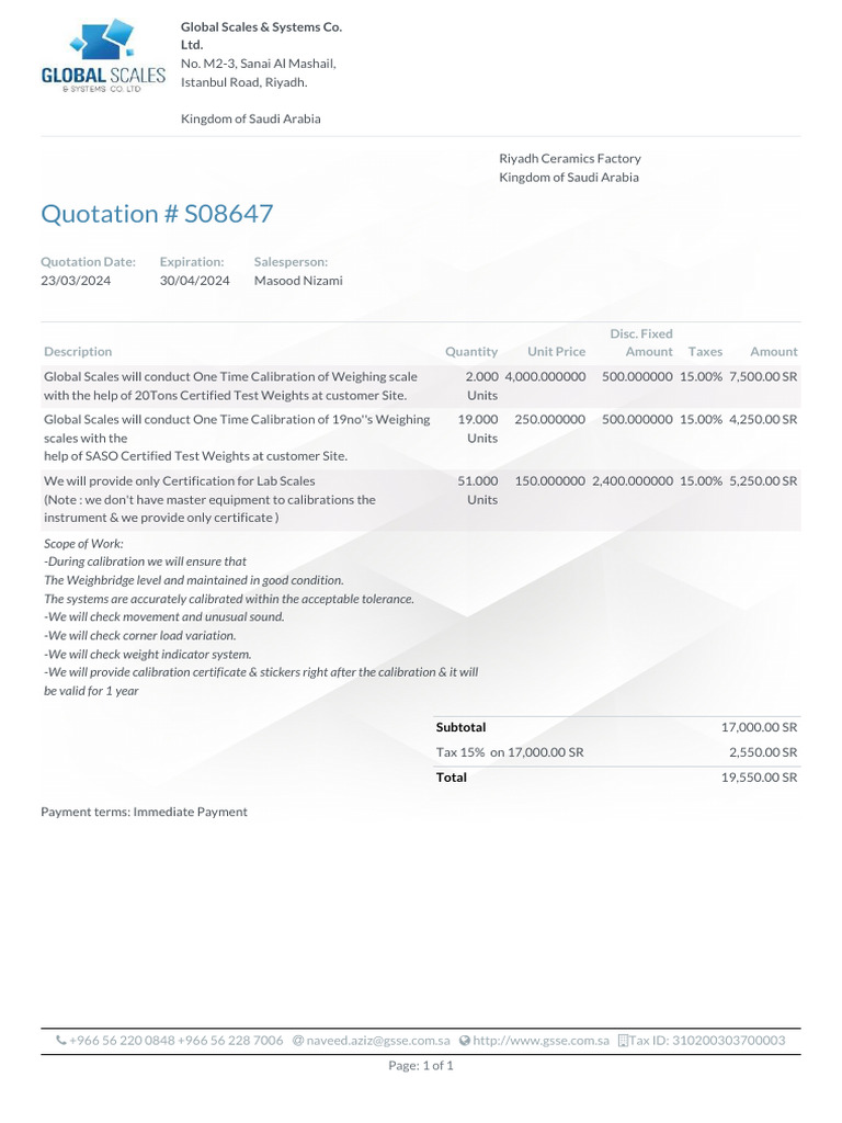 Riyadh Ceramics Factory Calibration of Weighbridge & Weighing Scales Quotation - S08647 | PDF ...