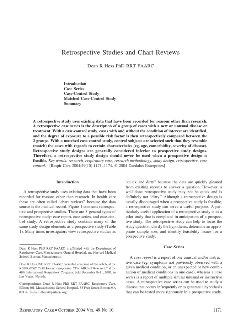 Retrospective Studies and Chart Reviews: Dean R Hess PHD RRT Faarc ...