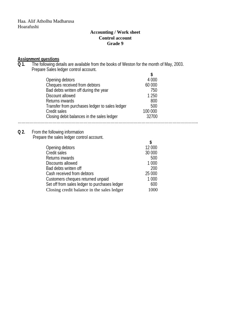 Grade 9 Control Accounts Assignment | PDF | Debits And Credits | Credit