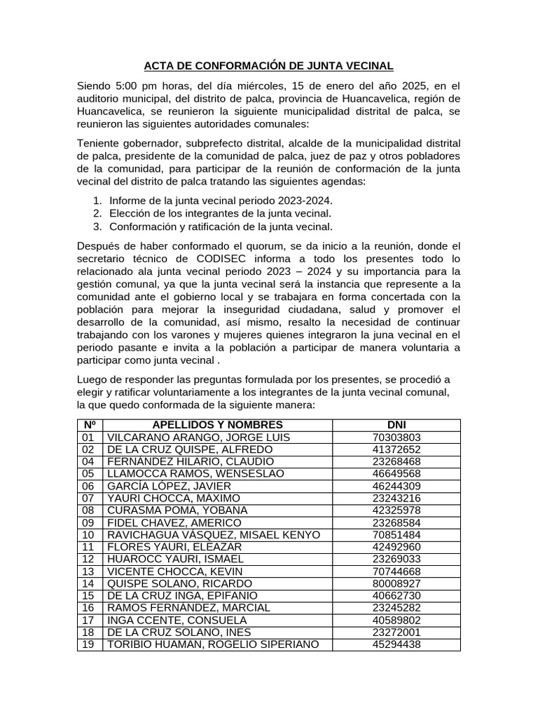 ACTA DE CONFORMACIÓN DE JUNTA VECINAL | PDF | Gobierno