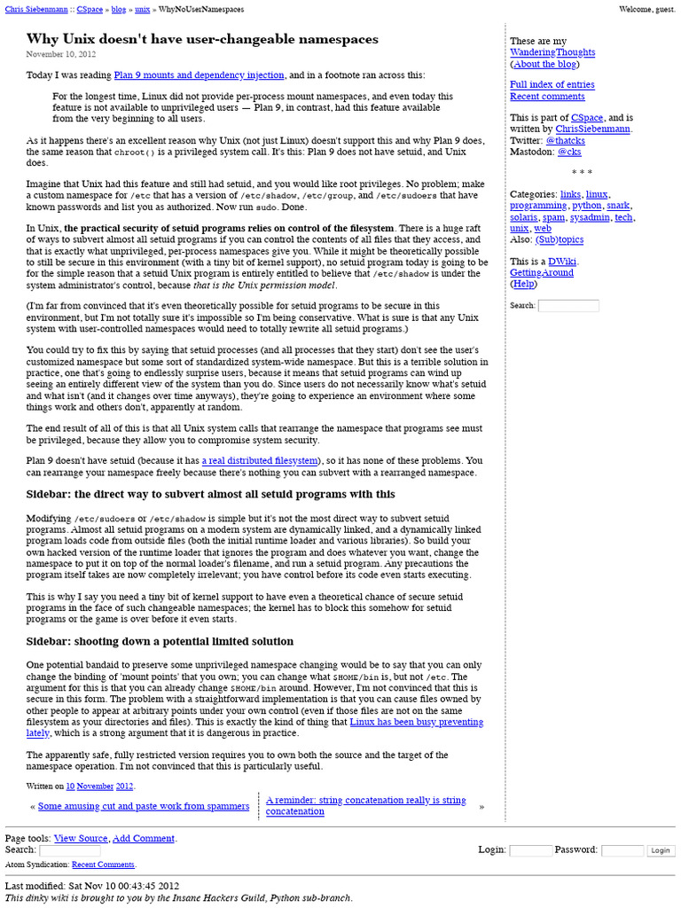 Chris's Wiki - Blog - Unix - WhyNoUserNamespaces | PDF | Computing | Computer Science