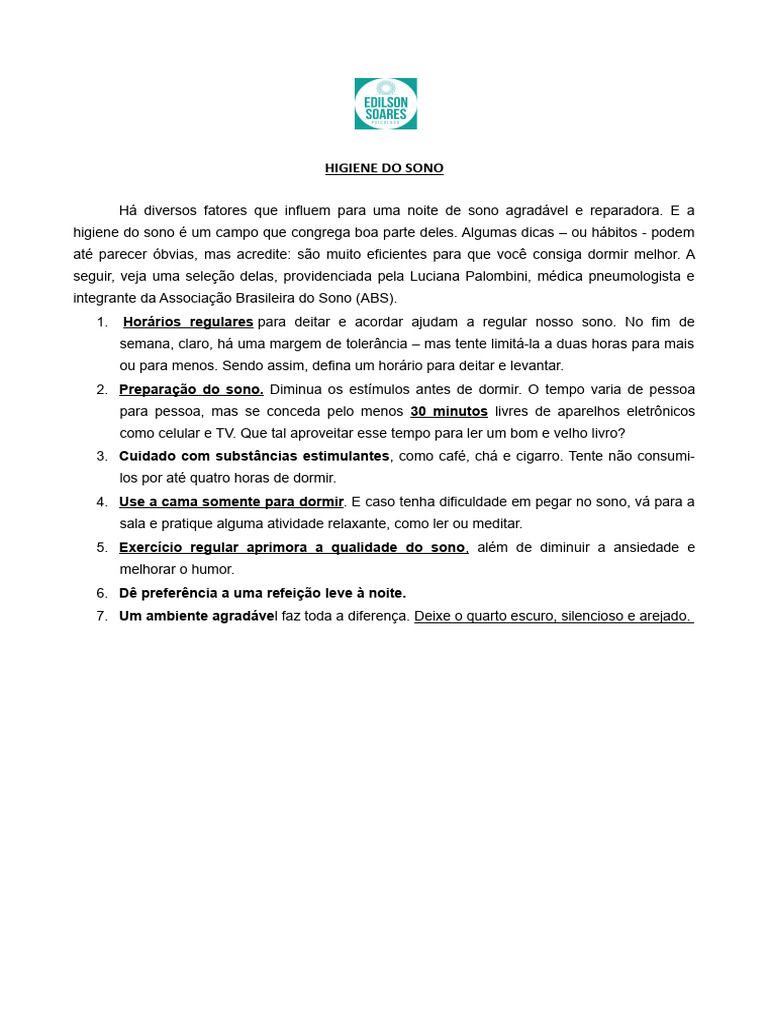 HIGIENE DO SONO Check List | PDF