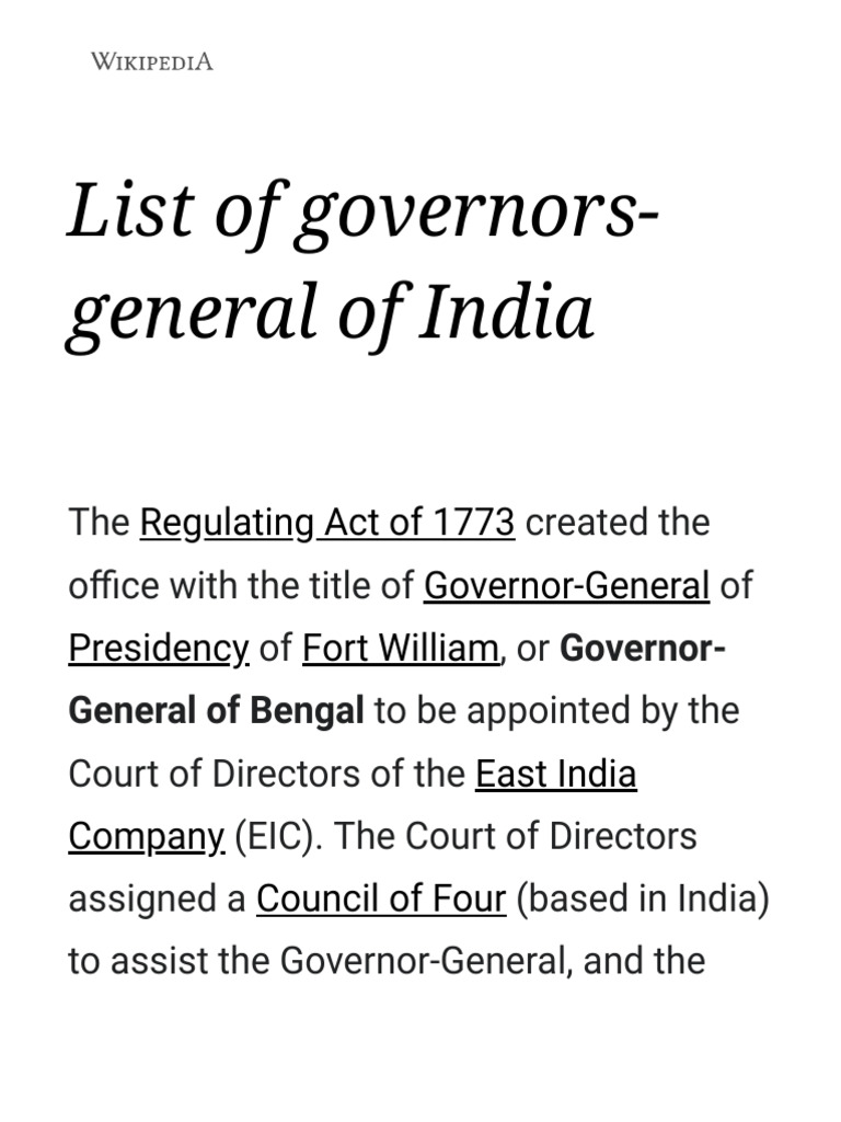 List of Governors-General of India - Wikipedia | PDF | British India ...