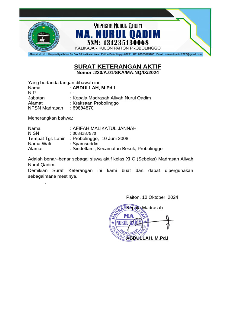 Surat Keterangan Aktif (PKH) | PDF