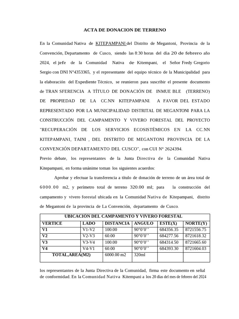 Acta De Donacion De Terreno Pdf