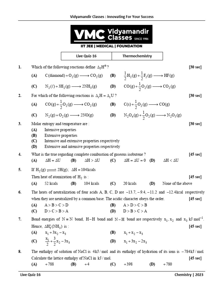 Chemistry Live Quiz-16: Thermochemistry | PDF | Scientific Phenomena ...
