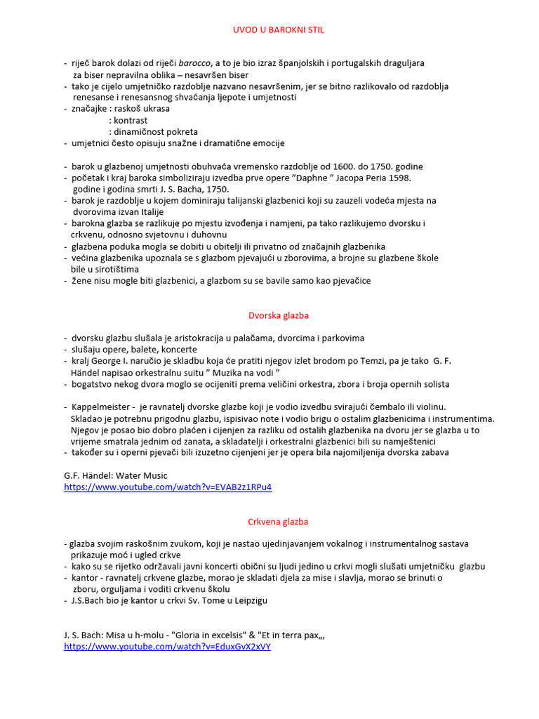 BAROK - Uvod U Barokni Stil, Dvorska I Crkvena Glazba U Baroku 2 | PDF