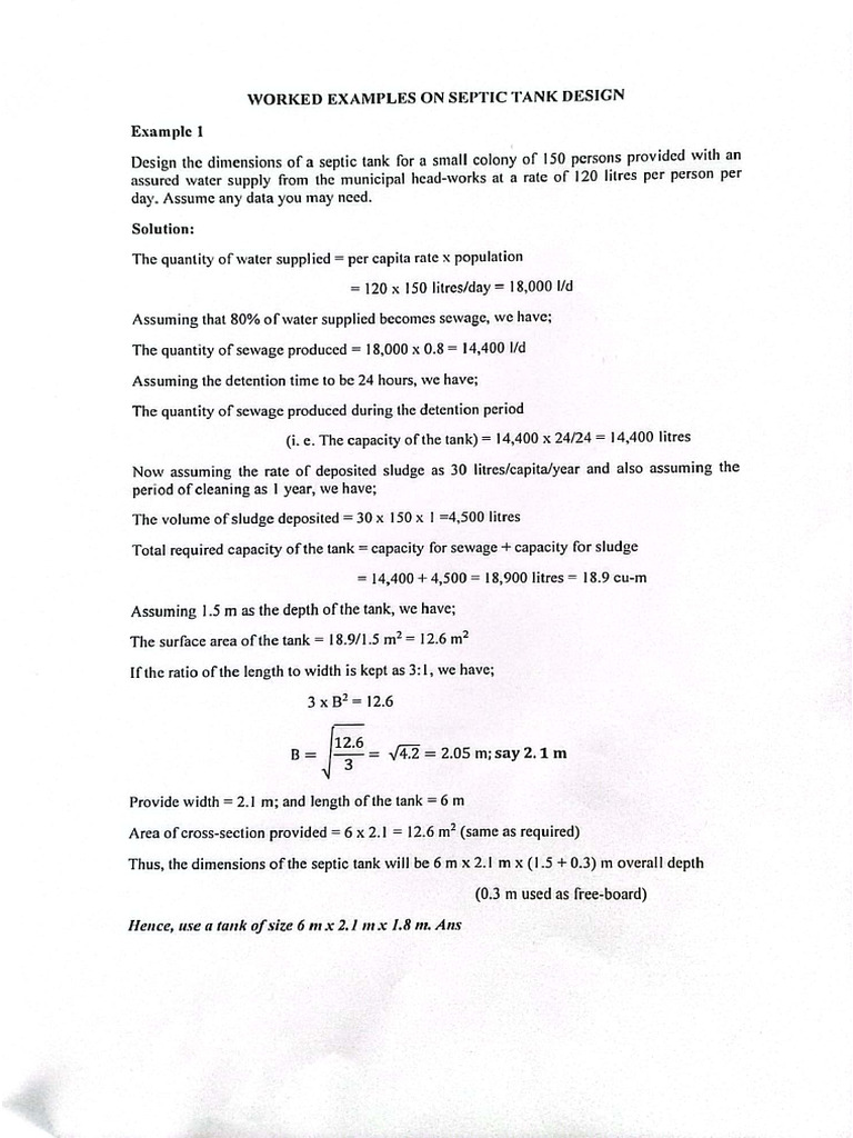 Septic Tank Worked Example | PDF