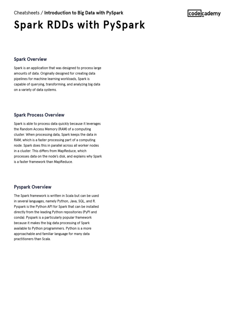 Introduction To Big Data With Pyspark Spark Rdds With Pyspark Cheatsheet Codecademy Pdf