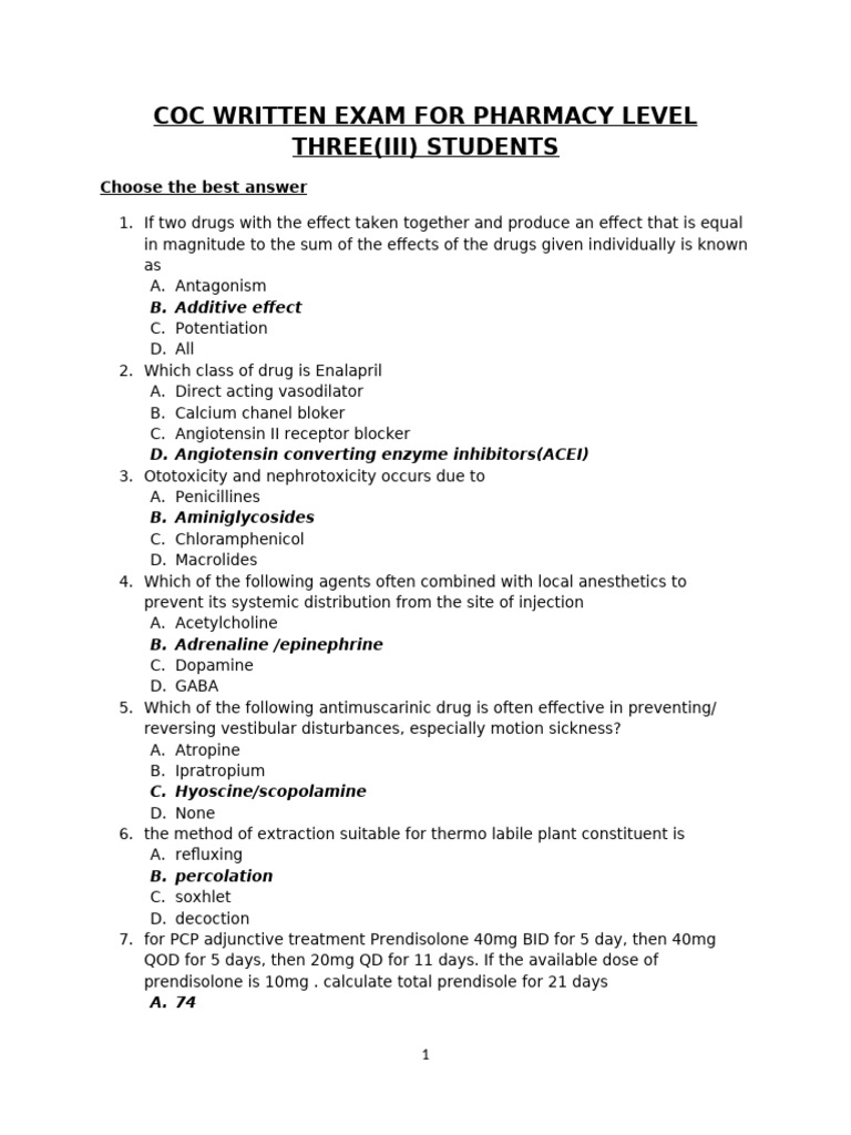 Coc Written Exam For Pharmacy Level Three Students-1 | PDF | Medical ...