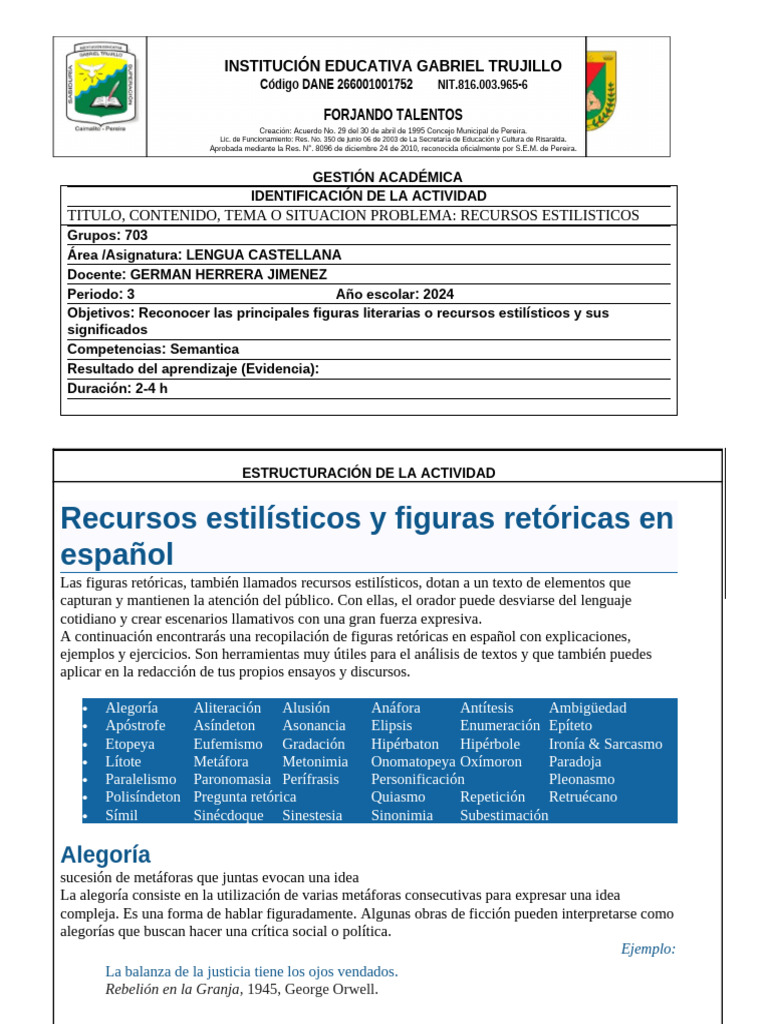 CASTELLANO PERIODO 3 GRADO 7o RECURSOS ESTILISTICOS | PDF | Técnicas ...