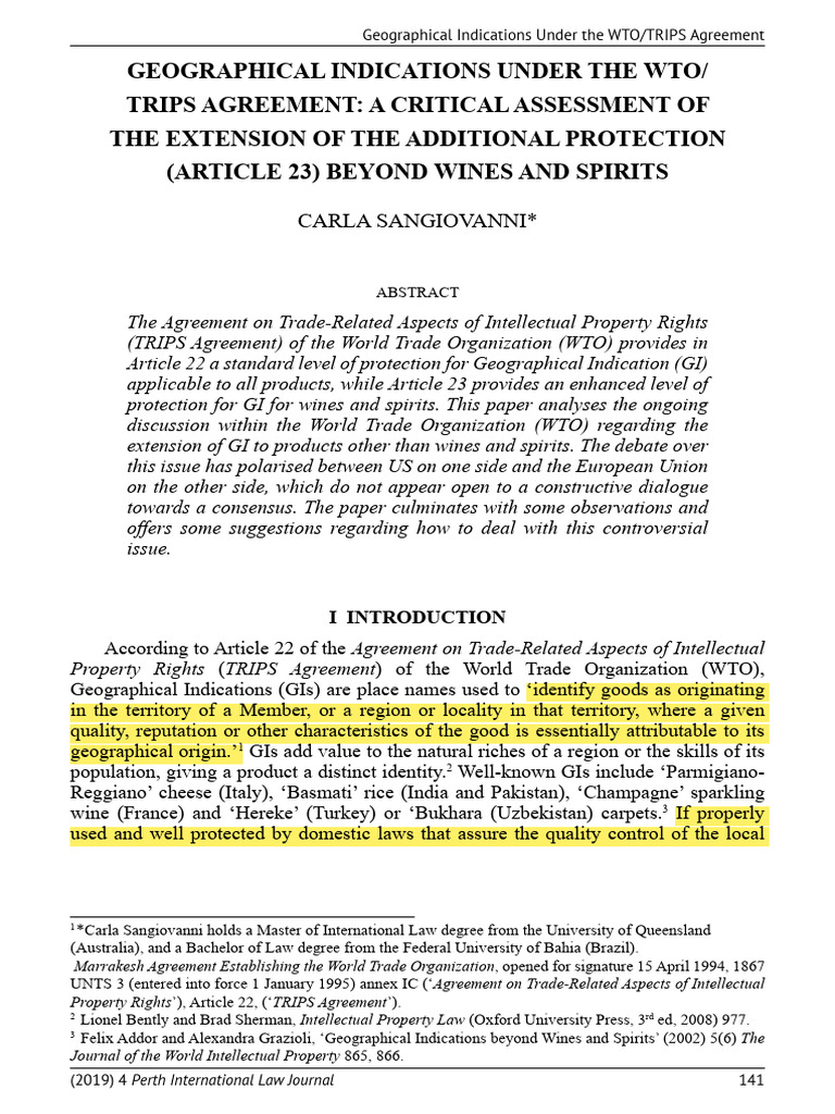Geographical Indications Under The WTO - Carla Sangiovanni | PDF ...