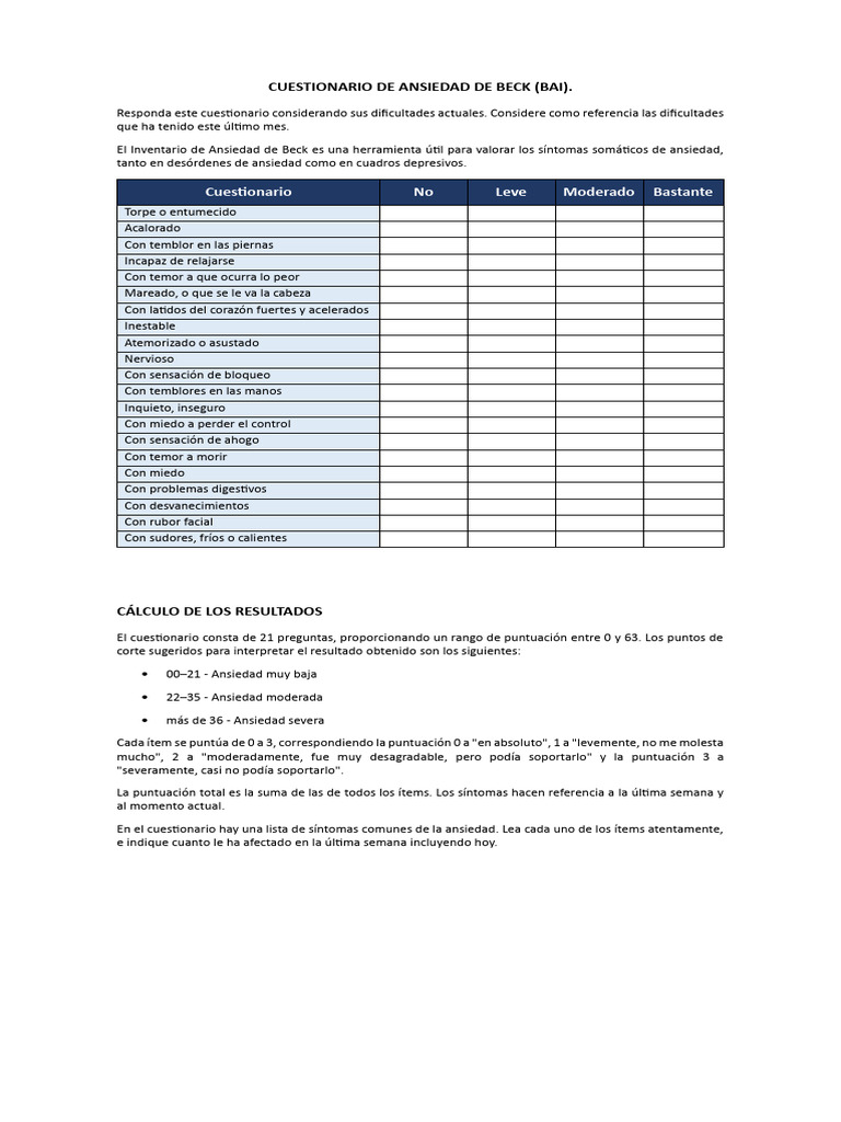 CUESTIONARIO DE ANSIEDAD DE BECK | PDF