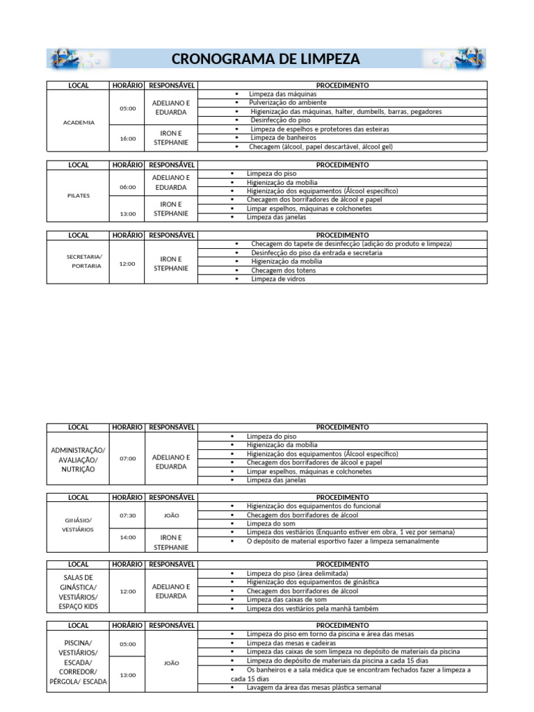 Cronograma de Limpeza da Academia | PDF