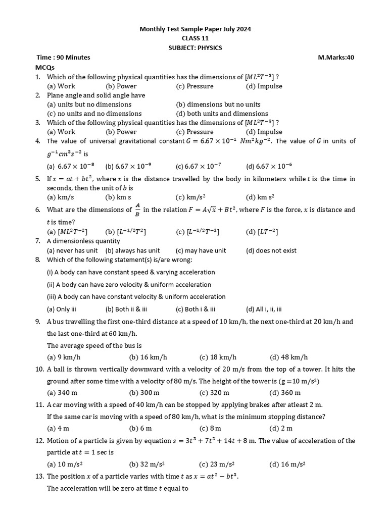 11 Physics Sample Paper July 2024-25 | PDF | Acceleration | Equations Of Motion