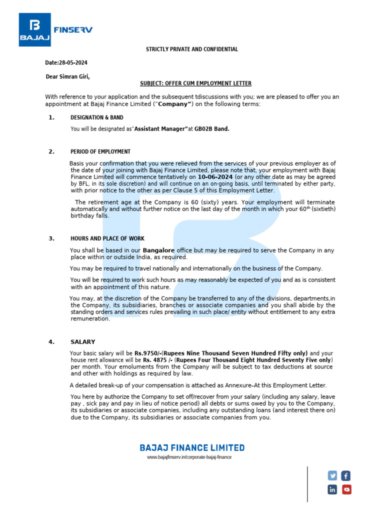 Ankit Offer Letter Bajaj Finance | PDF | Salary | Employment