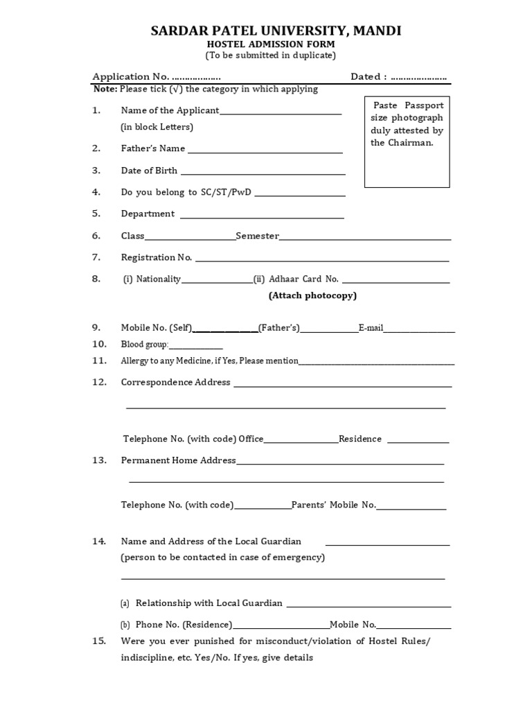 SPU Hostel Admission Form GH | PDF | Justice | Crime & Violence