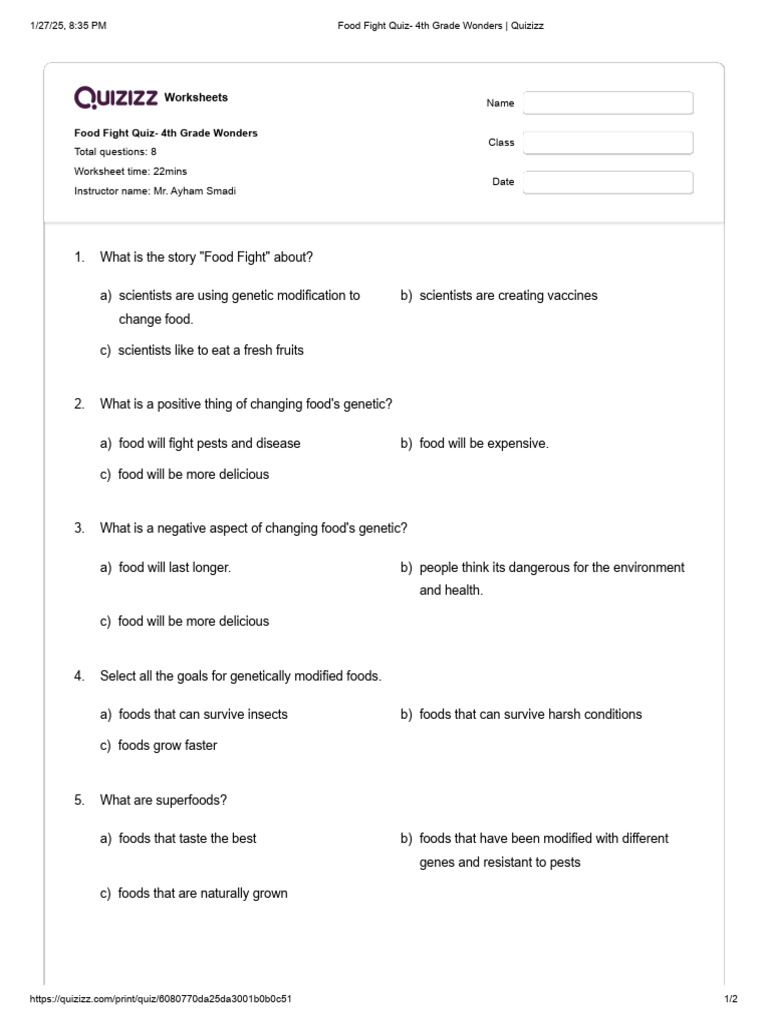 Food Fight Quiz for 4th Graders | PDF | Genetically Modified Food ...
