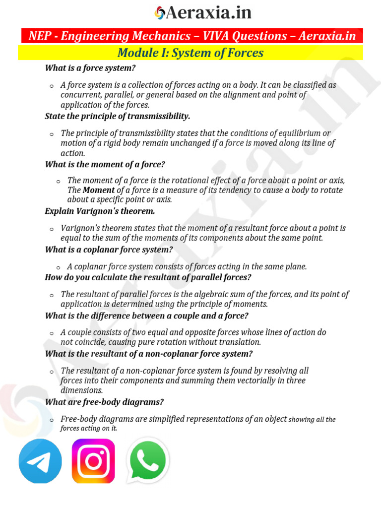NEP Engineering Mechanics VIVA Questions | PDF | Force | Collision
