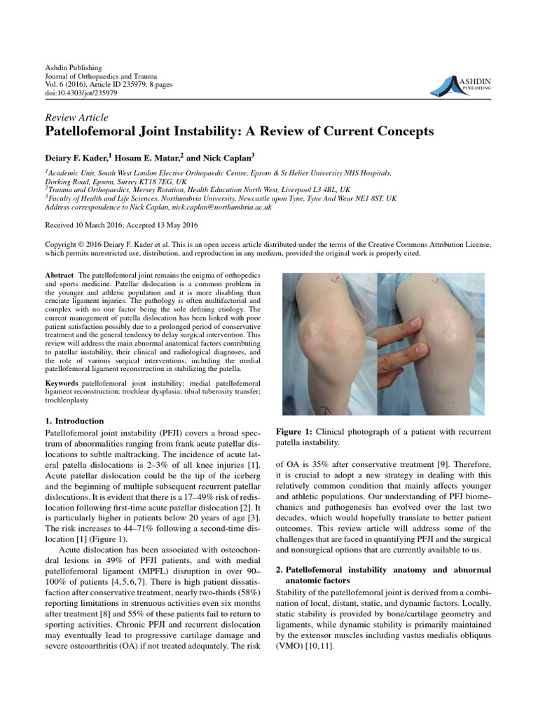 Patellofemoral Joint Instability A Review of Current Concepts | PDF ...