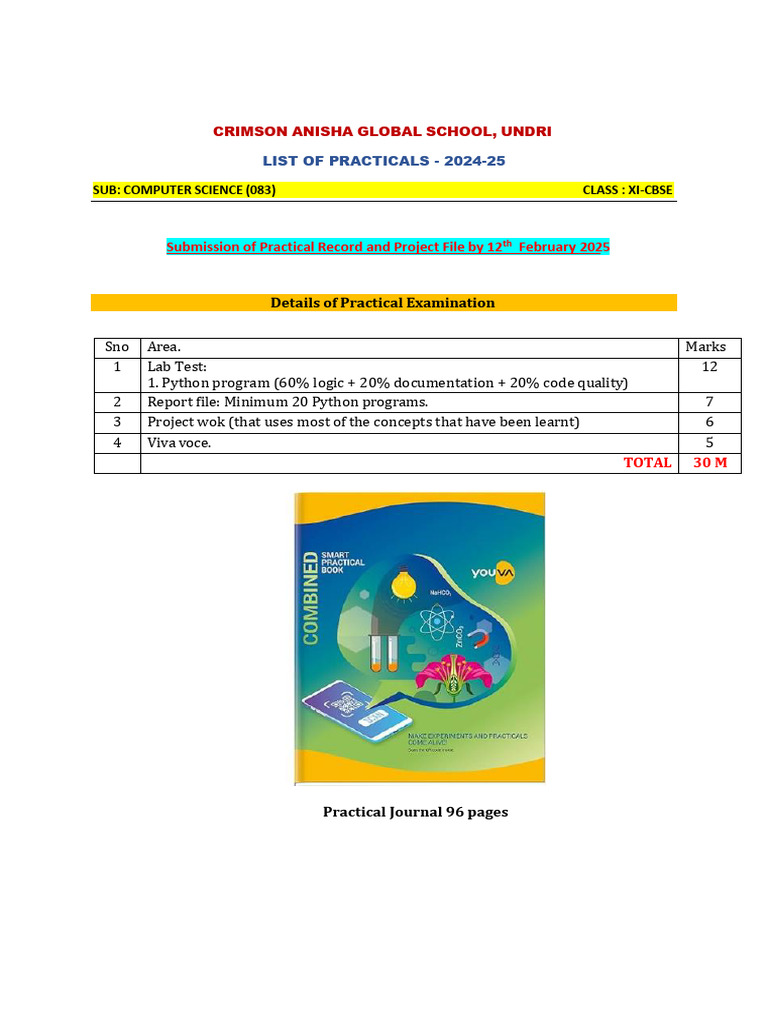 Computer Science Practical Question For Class 11-CBSE | PDF | Books ...