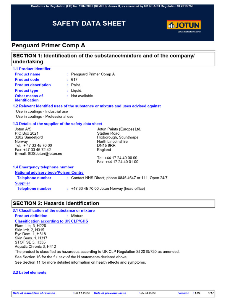 Penguard Primer Comp A Safety Data Sheet | PDF