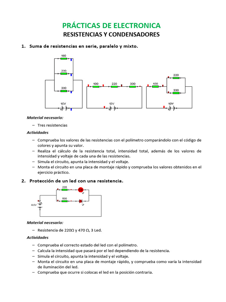01 - Prácticas de Electrónica | PDF | Resistencia Eléctrica y Conductancia | Diodo emisor de luz