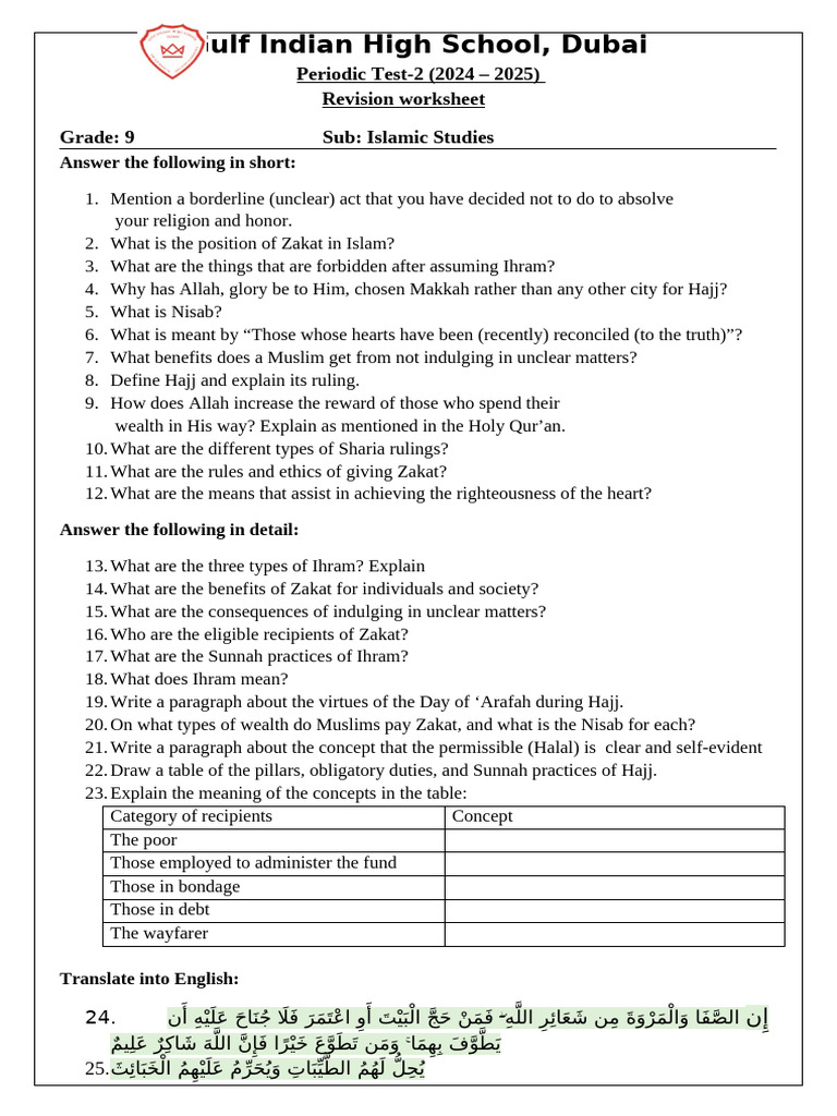 AFTER NOON Gr.9-Islamic - Exam Revision Worksheet-Nov-2024 | PDF