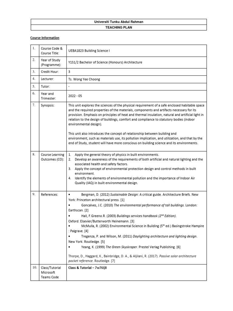 UEBA1823 Building Science I Teaching Plan | PDF | Heat Transfer ...