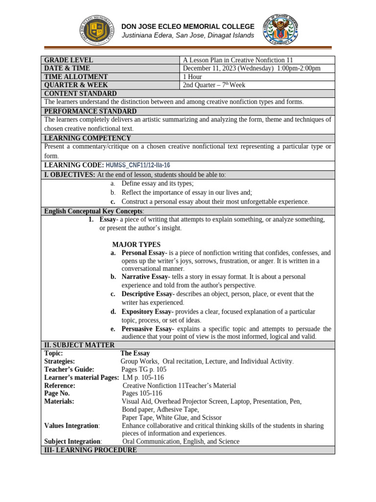Creative Nonfiction Essay Lesson Plan | PDF | Essays | Human Communication