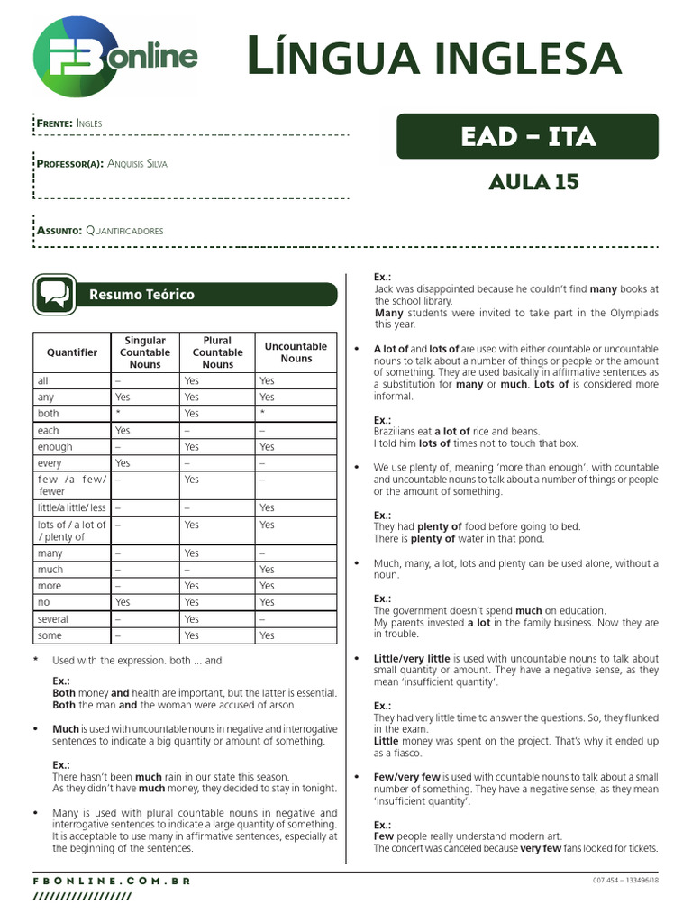 Lista Aula 15- Quantificadores | PDF | Plural | Grammatical Number