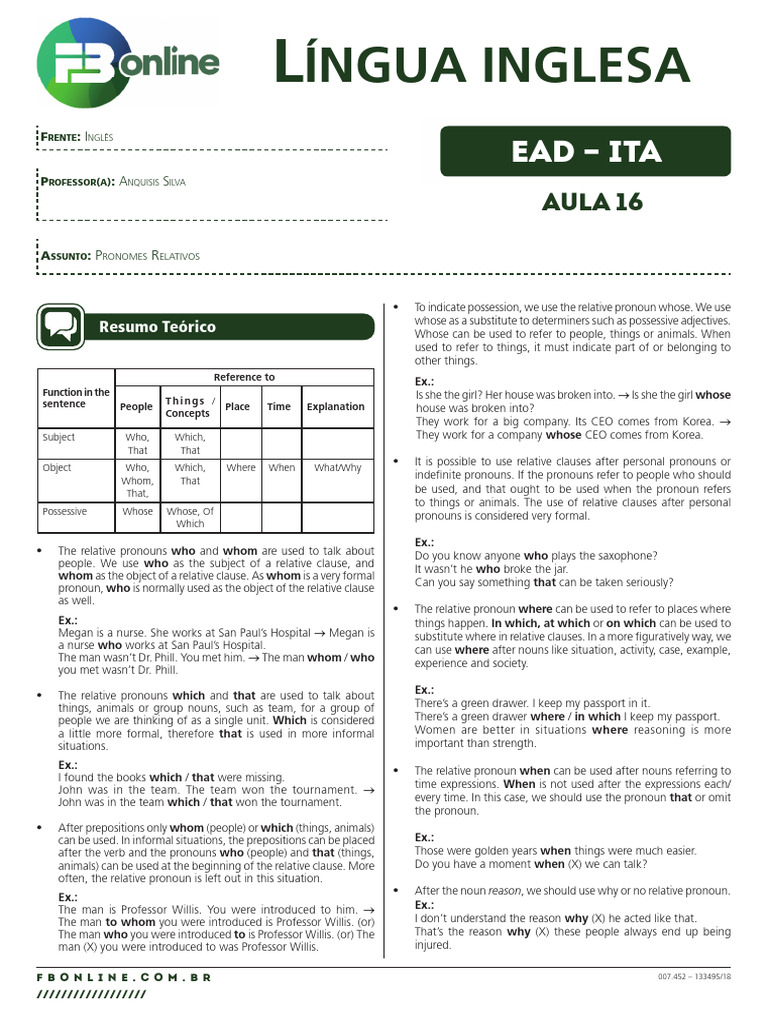 Lista Aula 16- Pronomes Relativos | PDF | Verb | Adjective