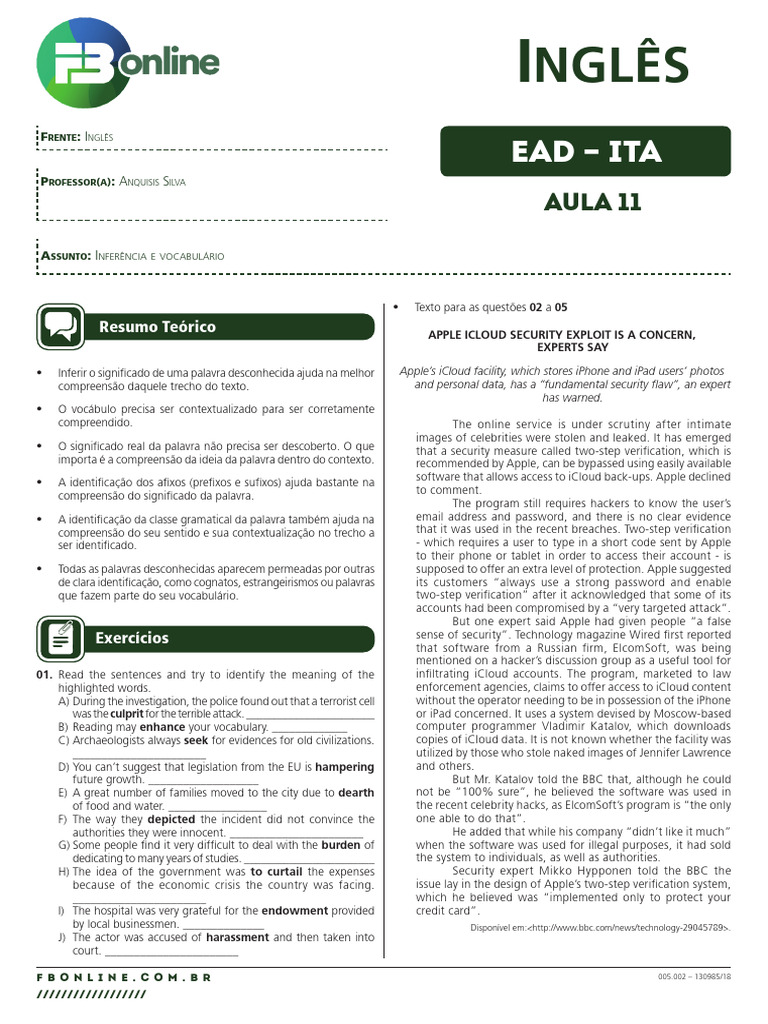 Lista Aula 11- Inferência de Vocabulário | PDF